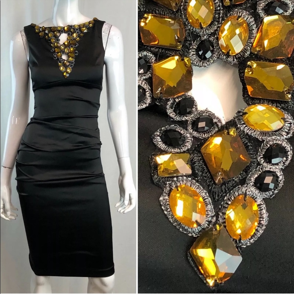 Cache Jeweled Satin Stretch Pencil Cocktail Dress - Gem